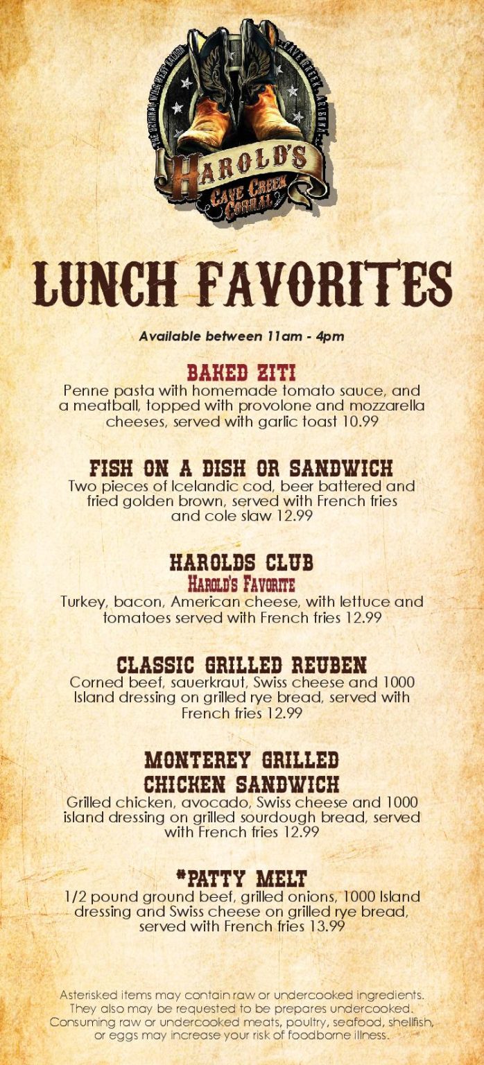 Harold's Menus - Harold's Cave Creek Corral
