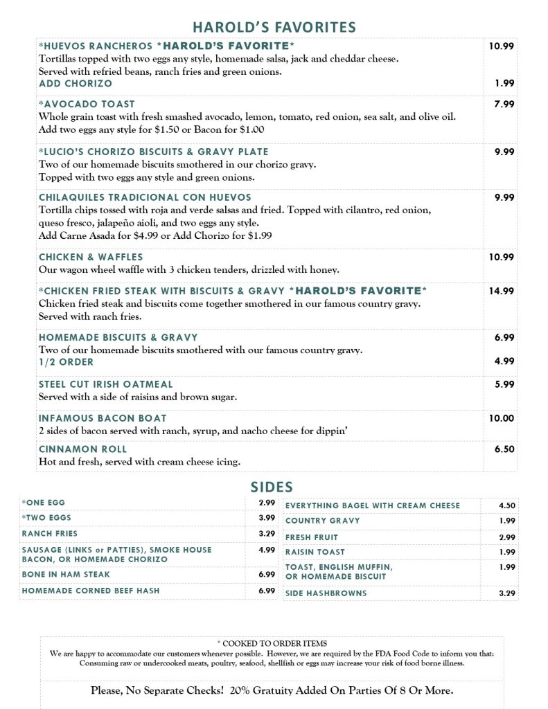 Harold's Menus - Harold's Cave Creek Corral