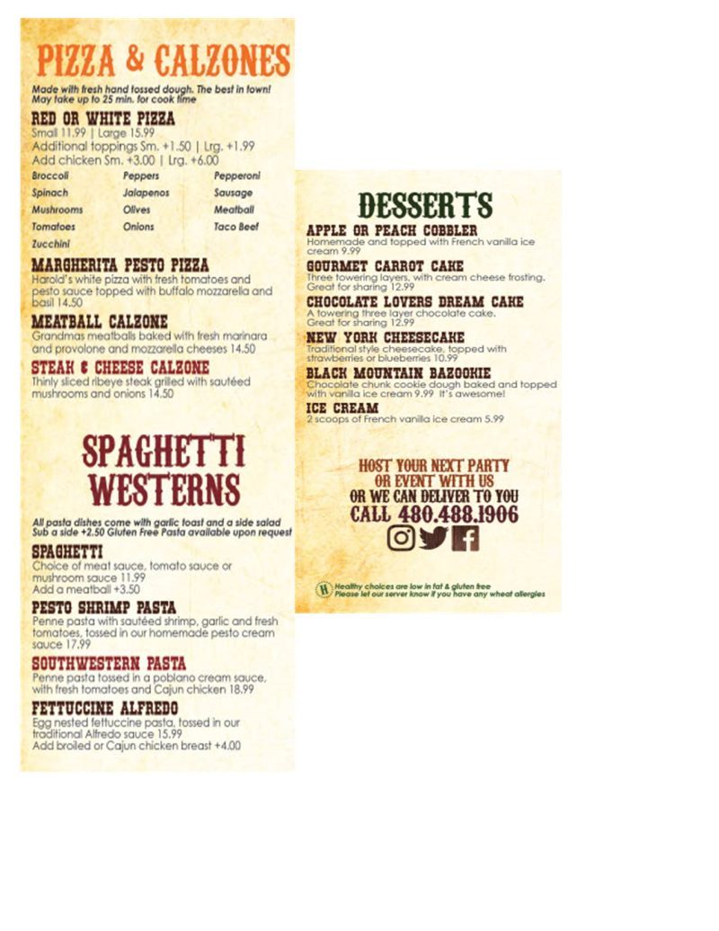 Harold's Menus - Harold's Cave Creek Corral