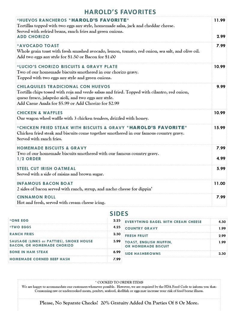 Harold's Menus - Harold's Cave Creek Corral