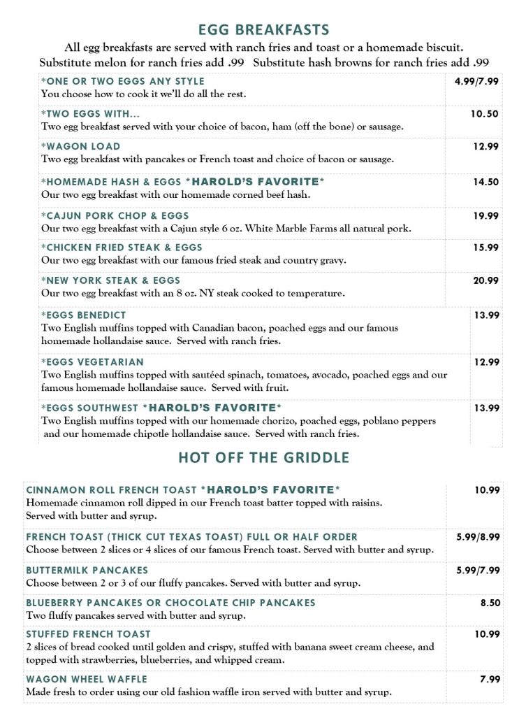 Harold's Menus - Harold's Cave Creek Corral