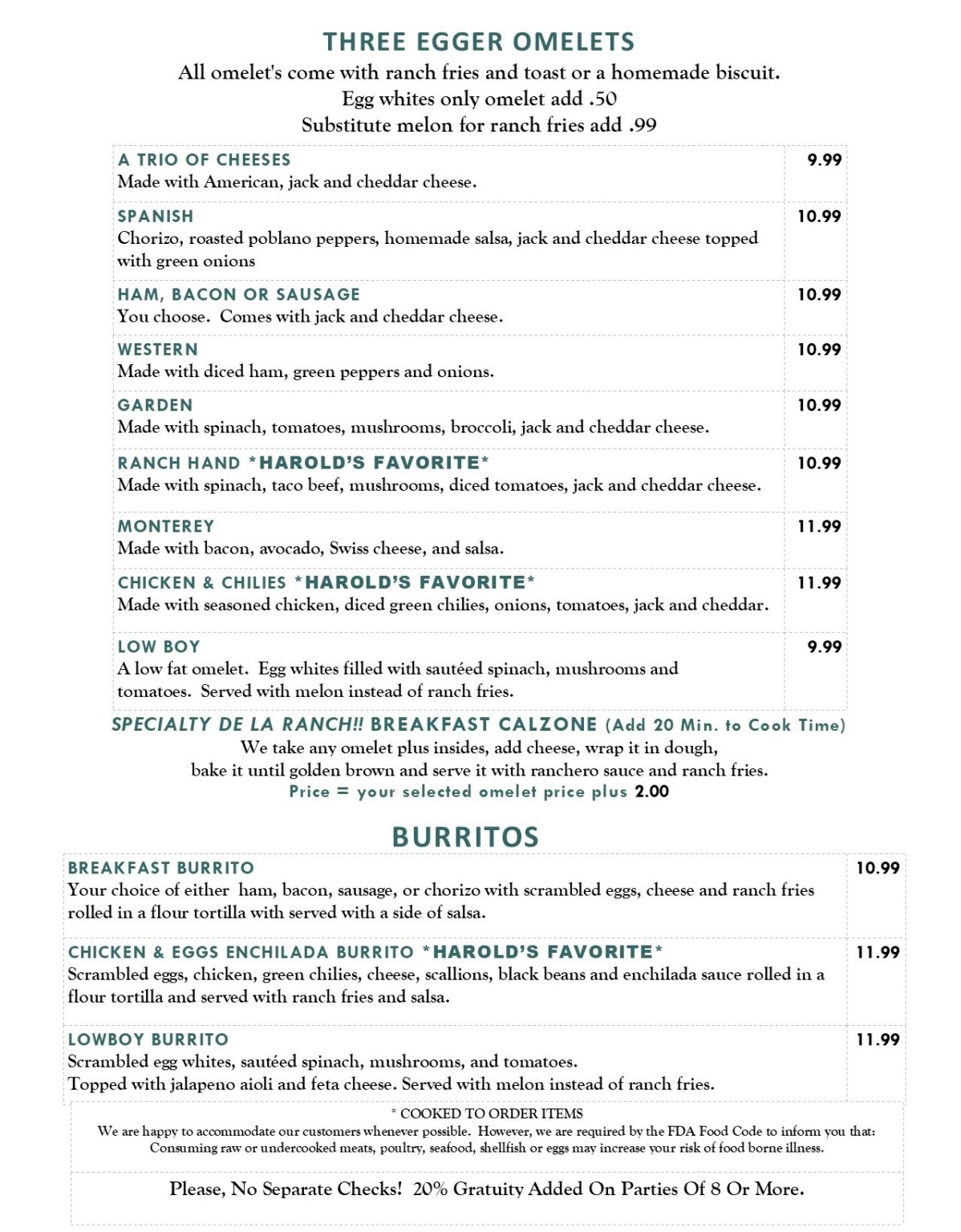 Harold's Menus - Harold's Cave Creek Corral