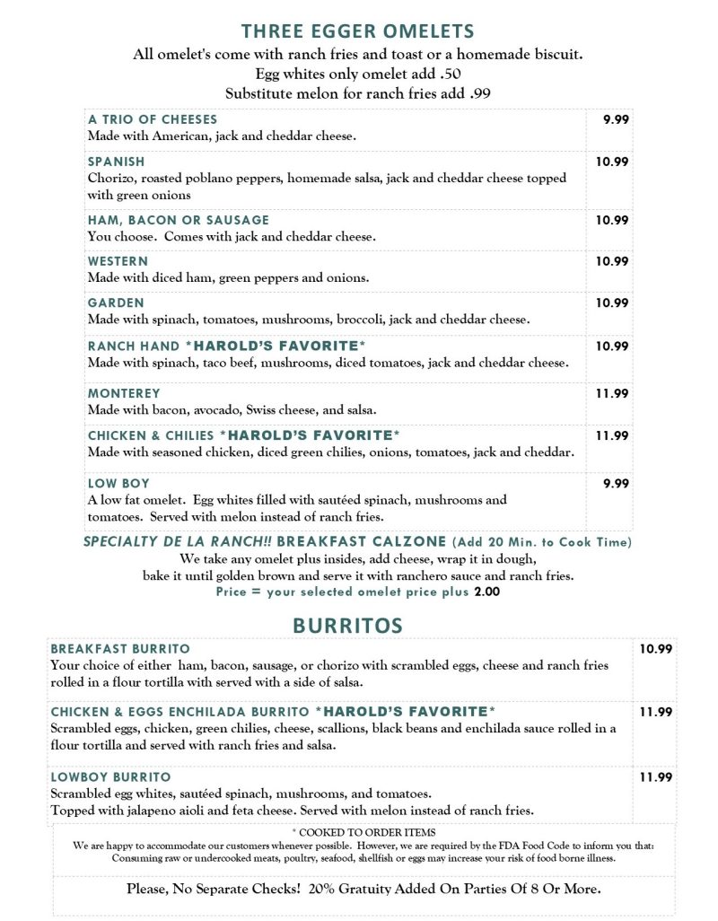 Harold's Menus - Harold's Cave Creek Corral