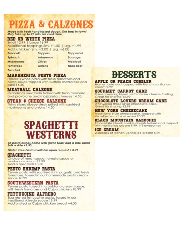 Harold's Menus - Harold's Cave Creek Corral