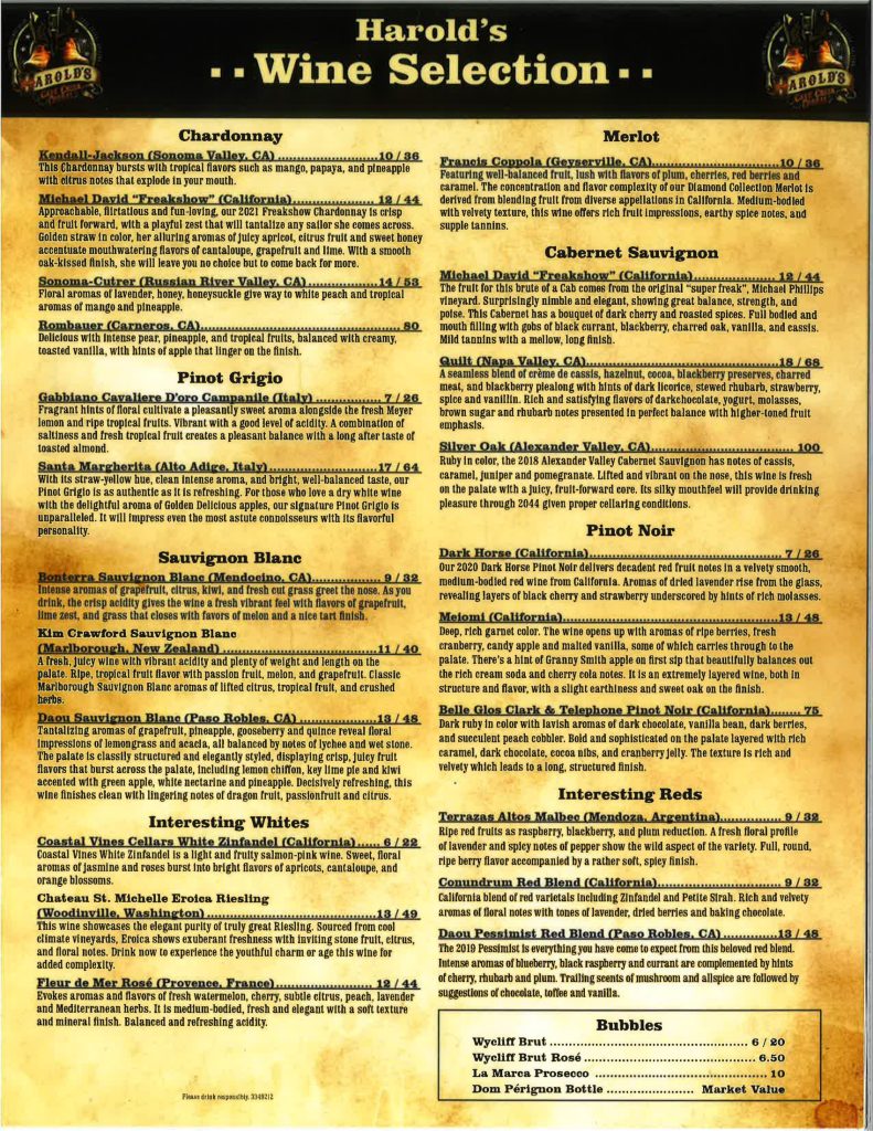 Harold's Menus - Harold's Cave Creek Corral